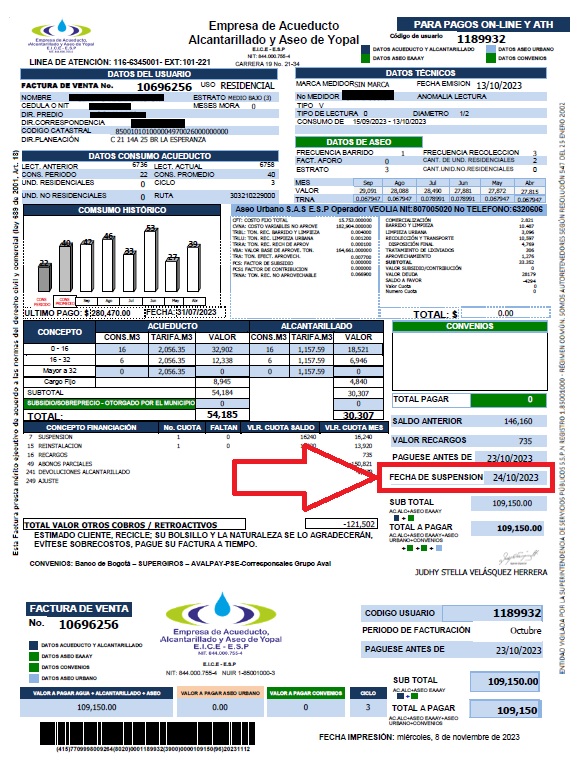 A pagar oportunamente la factura de la EAAAY sino quiere asumir ...